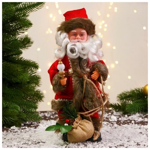Дед Мороз "В кафтане с пуговицами и с мешком" 30 см двигается красно-коричневый