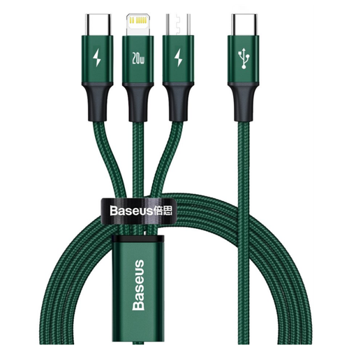 Кабель для быстрой зарядки Baseus Rapid Series 3-in-1, Type-C to Lightning + microUSB + Type-C, PD 20W, 1.5м, Зеленый, CAMLT-SC06