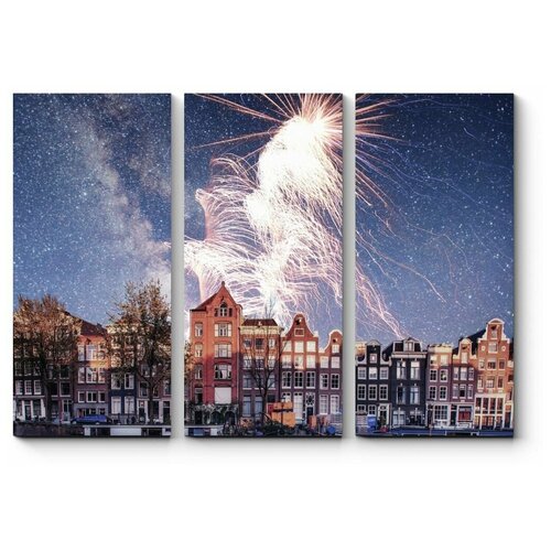 Модульная картина Яркий фейерверк в ночном небе Амстердама 70x50