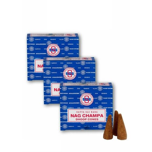 Satya Наг Чампа - 3 упаковки по 12 шт - ароматические благовония, конусовидные, конусы с подставкой, Nag Champa - Сатия, Сатья
