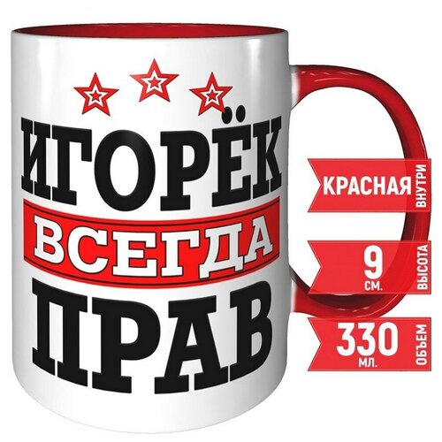 Кружка Игорёк всегда прав - 330 мл, красная ручка и красная поверхность внутри.