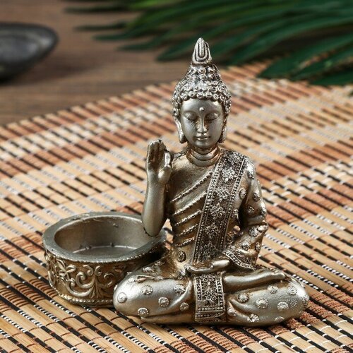SUI Нэцке полистоун под серебро подсвечник "Будда - медитация" микс 10,5х5,3х11 см