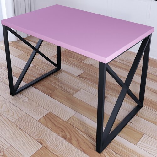 Стол кухонный Loft со столешницей розового цвета из массива сосны 40 мм и черными металлическими крестообразными ножками, 120х70х75 см