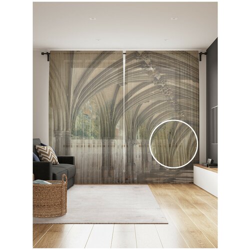 Тюль для кухни и спальни JoyArty "Арочный навес", 2 полотна со шторной лентой шириной по 145 см, высота 265 см.