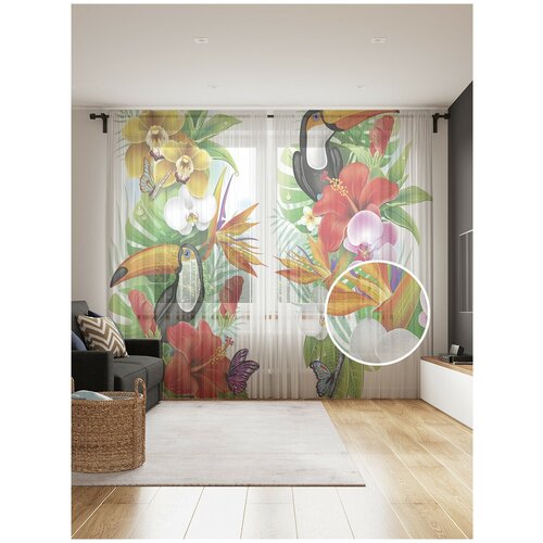 Тюль для кухни и спальни JoyArty "Туканы в цветах", 2 полотна со шторной лентой шириной по 145 см, высота 265 см.