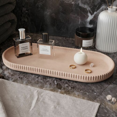 Декоративный поднос, подставка в ванную, органайзер для косметики и мелочей Chloe XL, 36x16,5 см, бетон, розовый матовый