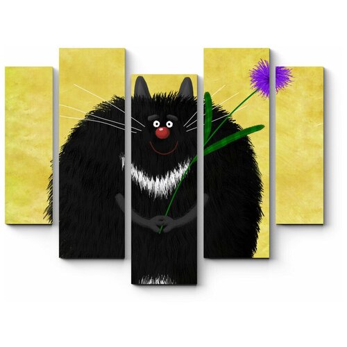 Модульная картина Милый черный кот с фиолетовой астрой 171x139