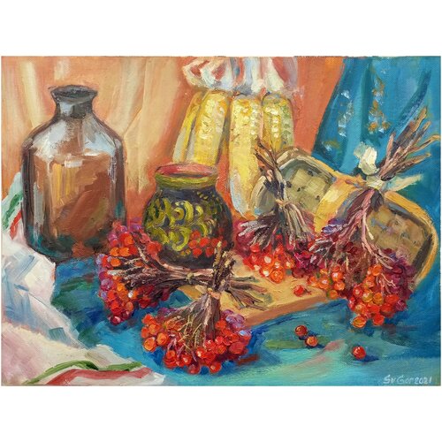 Картина маслом "Калина с бутылью" 30*40 см Светлана Горцева
