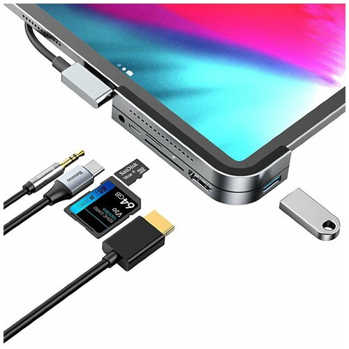 HUB адаптер BASEUS Band Angle No.7 (7-in-1) для iPad Pro, Разветвитель Type-C to USB3.0+PD+HDMI+SD/TF+USB-C+3.5 mm Audio, серый