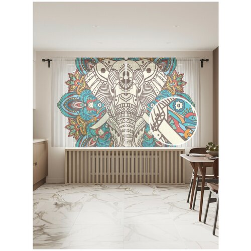 Тюль для кухни и спальни JoyArty "Слон и мандала", 2 полотна со шторной лентой шириной по 145 см, высота 180 см.