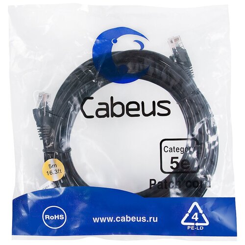 Патч-корд Cabeus PC-UTP-RJ45-Cat.5e-5m-BK-LSZH Кат.5е 5 м черный