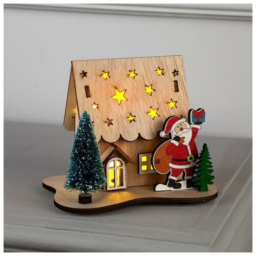 Светодиодная фигура «Дом с Дедом Морозом» 11 × 15 × 3 см дерево батарейки LR41х3 свечение тёплое белое