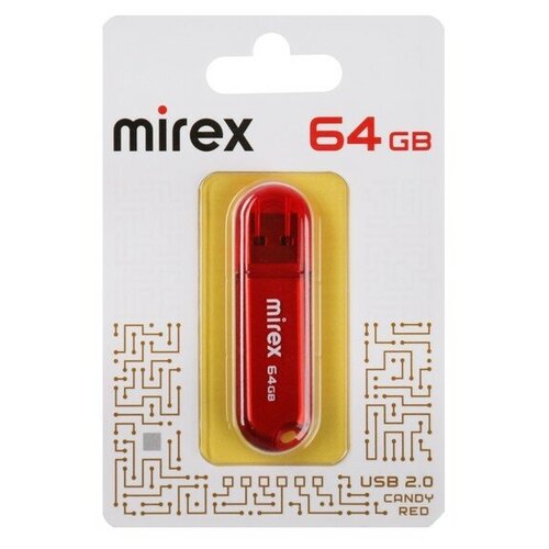Флешка Mirex CANDY RED, 64 Гб , USB2.0, чт до 25 Мб/с, зап до 15 Мб/с, красная