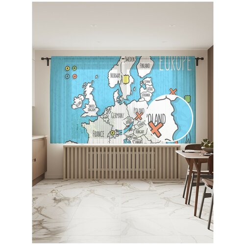 Тюль для кухни и спальни JoyArty "Нарисованная карта Европы", 2 полотна со шторной лентой шириной по 145 см, высота 180 см.