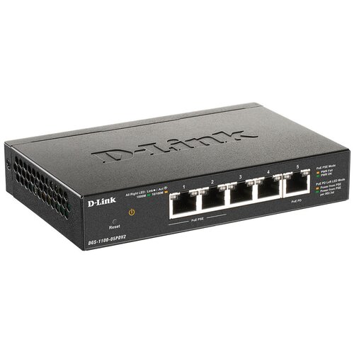 D-Link Сетевое оборудование DGS-1100-05PDV2 A1A Настраиваемый L2 коммутатор с 5 портами 10 100 1000Base-T 2 порта PoE, 1 порт для питания