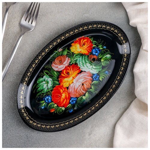 Блюдо овальное Доляна «Народные мотивы», 24,5×15×2 см, цвет чёрный