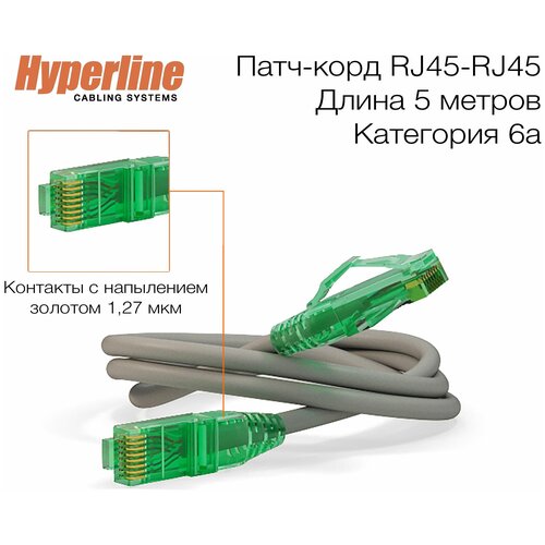 Патч-корд Hyperline U/UTP, сетевой кабель Ethernet Lan для интернета, категория 6а, витой, 100% Fluke, LSZH, 5 м, серый