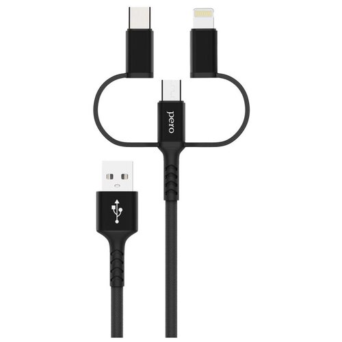 Кабель 3 в 1 PERO DC-06 Universal, USB - microUSB/Lightning/Type-C, 2.4 А, 2 м, черный