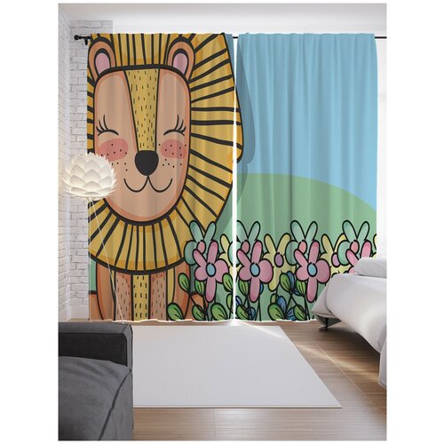 Фотошторы для кухни и спальни JoyArty "Лев в цветах", 2 полотна со шторной лентой шириной по 145 см, высота 265 см