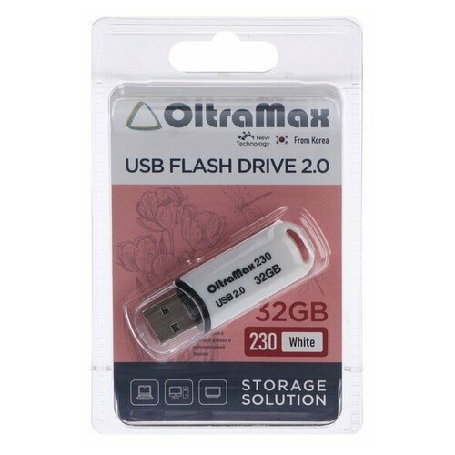 Флешка OltraMax 230, 32 Гб, USB2.0, чт до 15 Мб-с, зап до 8 Мб-с, белая