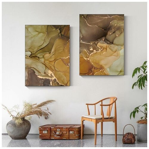 Комплект настенных картин (2шт по 50х70см) в спальню/гостиную/зал "Фисташково-коричневый комплект", арт холст на подрамнике, общий размер 70х100 см