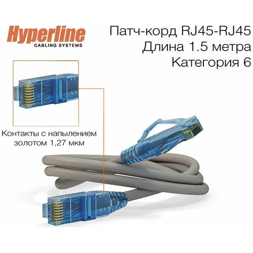 Патч-корд Hyperline U/UTP сетевой кабель Ethernet Lan для интернета категория 6 витой 100% Fluke LSZH, 1,5 м, серый