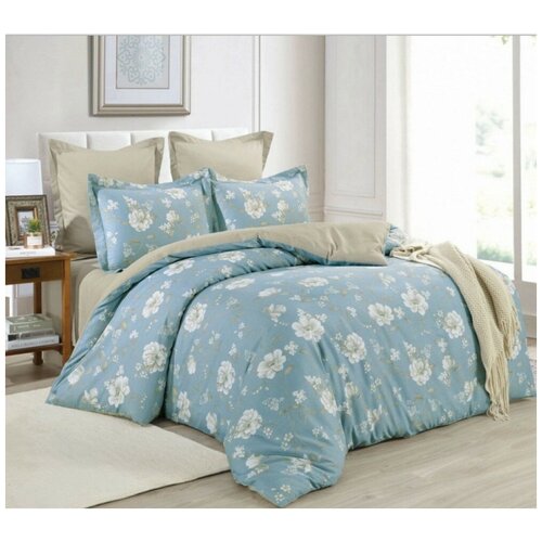 2 спальное постельное белье сатин двустороннее голубое с цветами