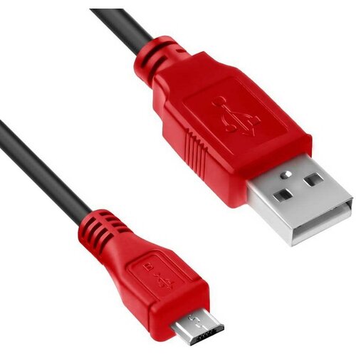 Кабель1.0m USB 2.0, AM/microB 5pin, черный, красные коннекторы