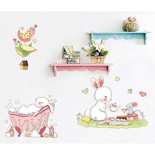 Комплект настенных наклеек кролик в ванне, кролик пьёт чай с мышкой, две птички. Размер композиции на стене 170*55 см.