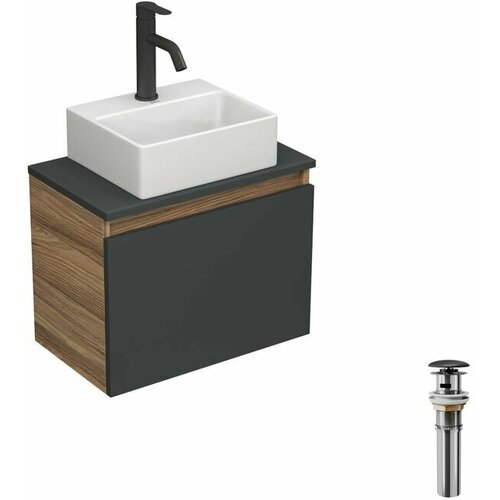 Комплект для ванной, 4 предмета (Тумба подвесная под раковину Bau 50, графит + раковина BAU 33х28 + смеситель Dream Black, черный, выпуск)