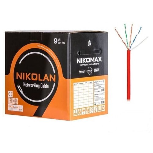 NIKOLAN NKL 9100C-RD Кабель витая пара U/UTP 4 пары, Кат.5e, BC (чистая медь), 24AWG (0,511мм), внутренний, LSZH нг(А)-HFLTx, красный, 305м