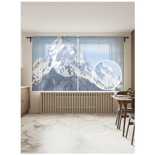 Тюль для кухни и спальни JoyArty "Снег с вершины горы", 2 полотна со шторной лентой шириной по 145 см, высота 180 см.