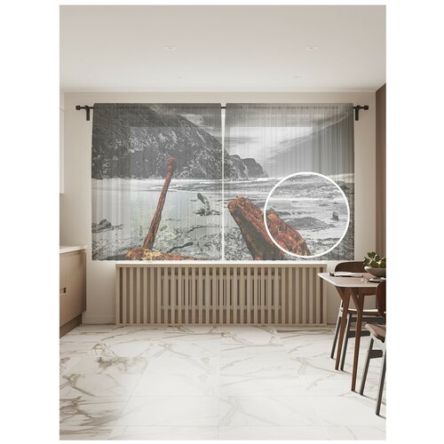 Тюль для кухни и спальни JoyArty "Морской штиль", 2 полотна со шторной лентой шириной по 145 см, высота 180 см.
