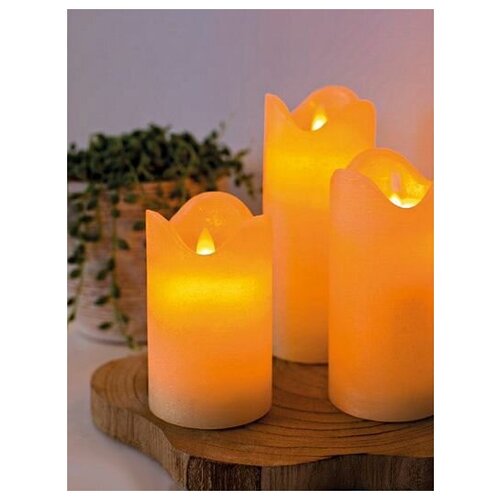 Набор восковых свечей "Гармония", кремовые, тёплые белый LED-огни, колышущееся пламя, (набор 3 шт.), ПДУ, Kaemingk