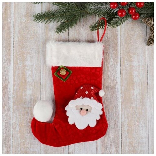 Носок для подарков "Помпошка" Дед Мороз в колпаке, 15х18 см, бело-красный