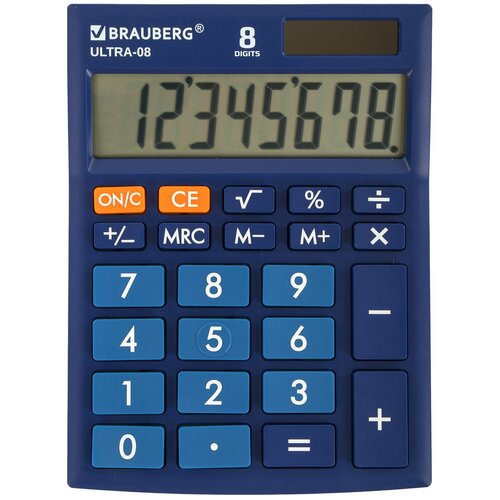 Калькулятор настольный BRAUBERG ULTRA-08-BU, компактный (154x115 мм), 8 разрядов, двойное питание, синий, 250508