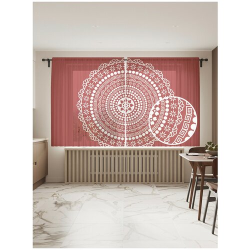 Тюль для кухни и спальни JoyArty "Кружевная салфетка", 2 полотна со шторной лентой шириной по 145 см, высота 180 см.