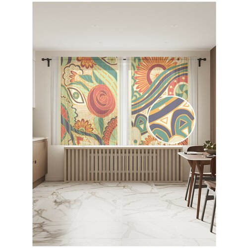 Тюль для кухни и спальни JoyArty "Цветочный диптих", 2 полотна со шторной лентой шириной по 145 см, высота 180 см.