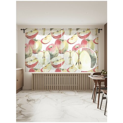 Тюль для кухни и спальни JoyArty "Яблочная живопись", 2 полотна со шторной лентой шириной по 145 см, высота 180 см.