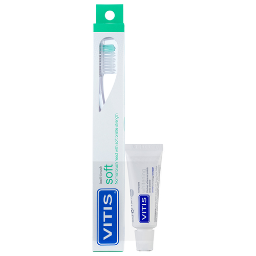 Щётка зубная в твердой упаковке Vitis Soft/souple + Зубная паста Vitis Whitening 15 мл