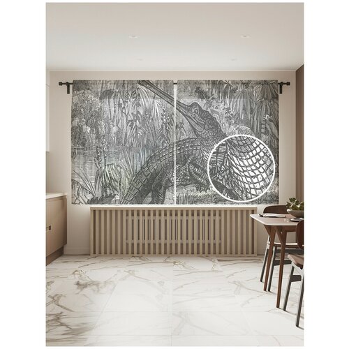 Тюль для кухни и спальни JoyArty "Древний крокодил", 2 полотна со шторной лентой шириной по 145 см, высота 180 см.