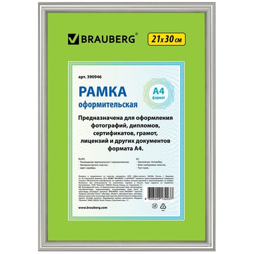 Рамка 21х30 см, пластик, багет 12 мм, BRAUBERG "HIT2", серебро, стекло, 390946