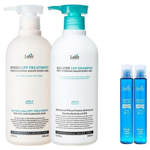 Бессульфатный шампунь Lador Keratin Lpp 530мл. + Маска для волос Eco Hydro LPP Treatment 530мл+Филлер для восстановления волос 2 шт. х 13ml.