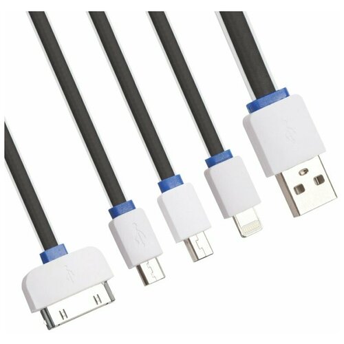 USB кабель "LP" 4 в 1 для подзарядки Apple 8 pin/30 pin/MicroUSB/MiniUSB плоский (черный/белый/син.)