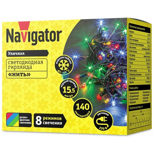 Гирлянда Navigator NGF-S01-100, 6.5 м, 100 ламп, разноцветный/зеленый провод