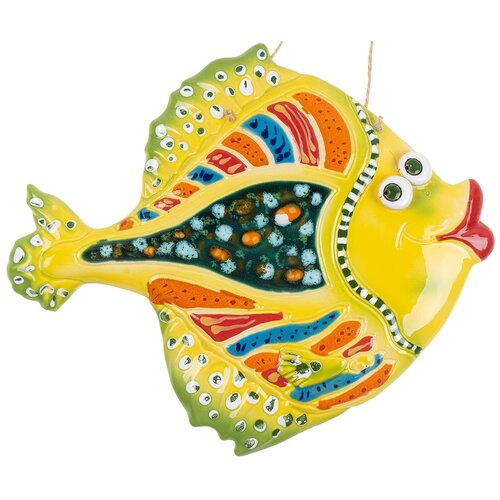 Панно Рыба Чудо-Юдо (желто-зеленая) керамическое декоративное авторской ручной работы