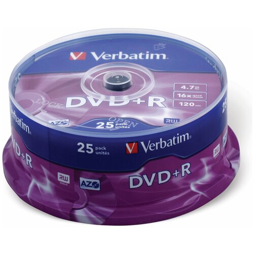 Диски DVD+R (плюс) VERBATIM 4,7 Gb 16x, КОМПЛЕКТ 25 шт., Cake Box, 43500