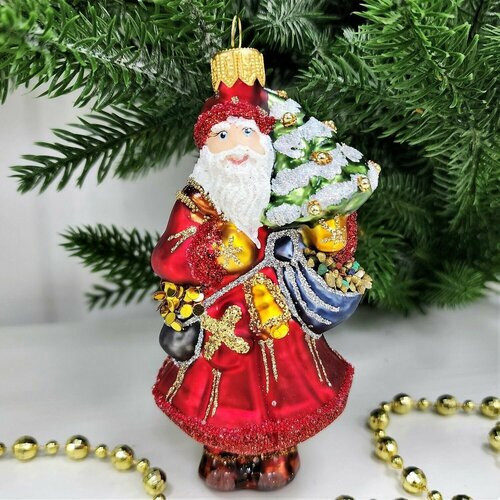 Стеклянная елочная игрушка Irena-Co Дед Мороз с елкой царский