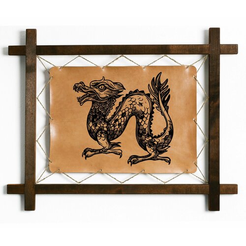 Картина Японский дракон, гравировка на натуральной коже, интерьерная для украшения и декора на стену в деревянной раме, подарок, BoomGift