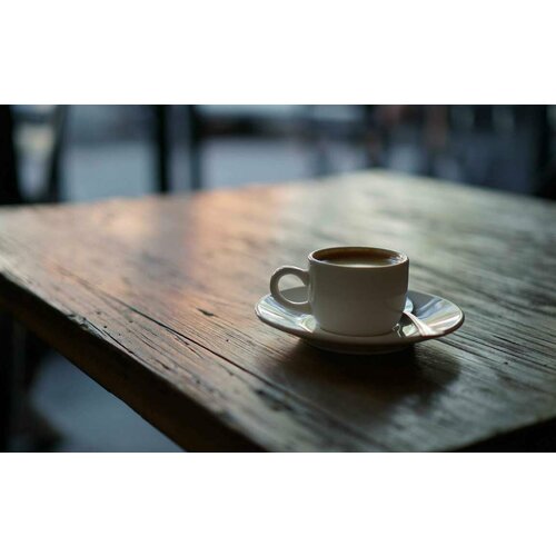 Картина на холсте 60x110 LinxOne "Чашка, кофе, деревянный стол" интерьерная для дома / на стену / на кухню / с подрамником